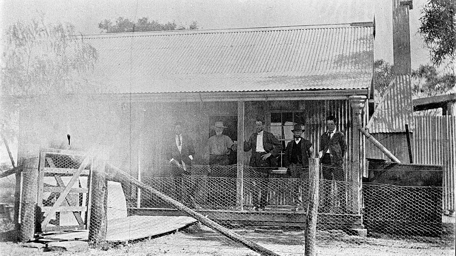 Negative - Group of Men on Verandah of a Corrugated Iron House on ...