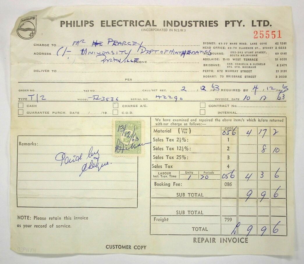 Invoice - From Philips Electrical Industries to Trevor Pearcey ...