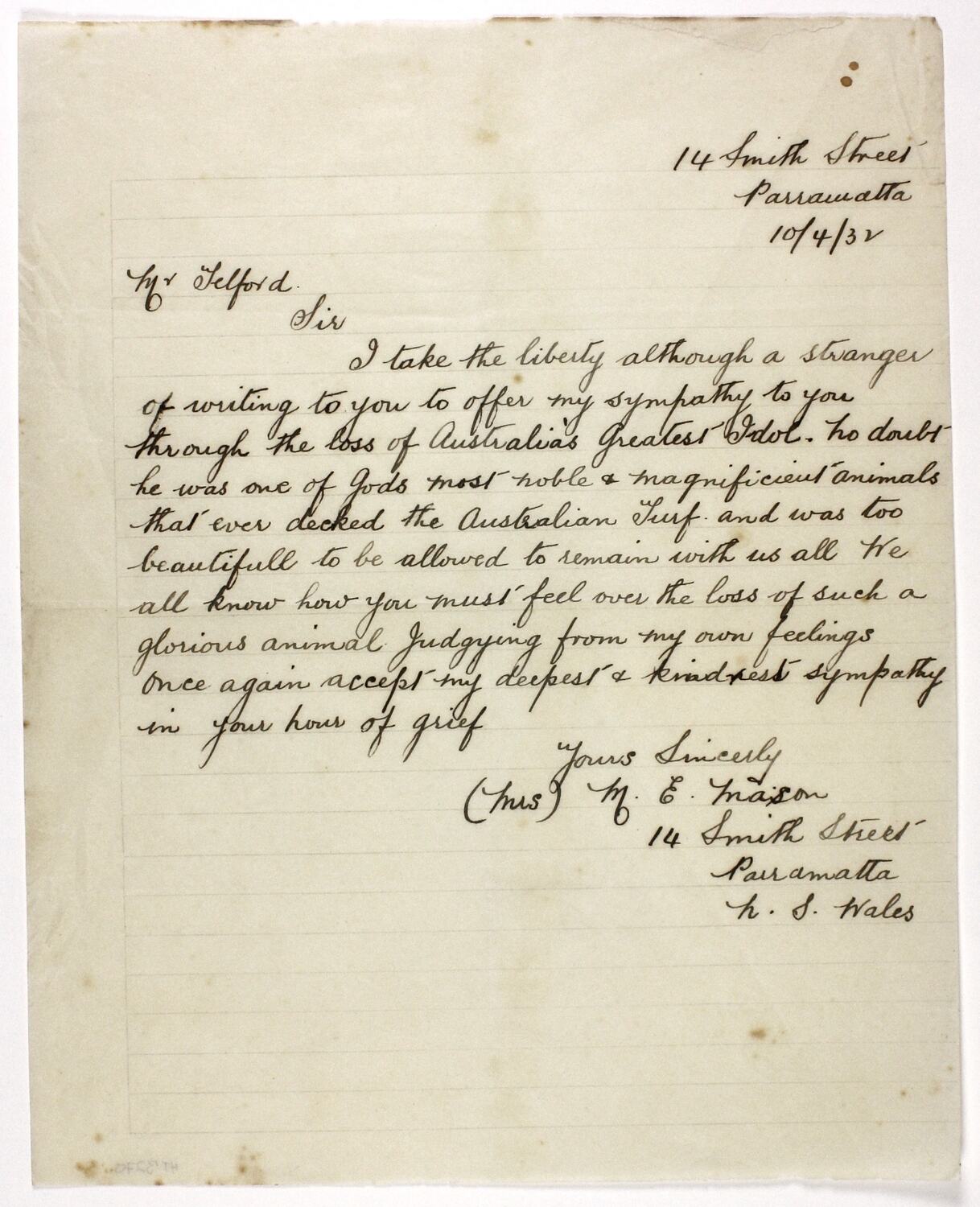 Letter - Mason to Telford, Phar Lap's Death, 10 Apr 1932