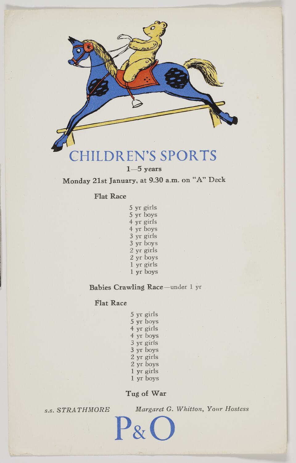 Programme - Children's Sports, SS Strathmore, P&O Lines, 21 Jan 1957