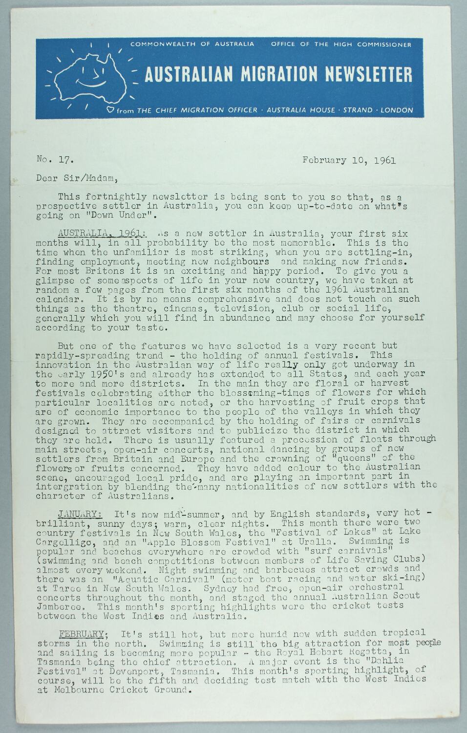 Newsletter - 'Australian Migration Newsletter', 10 Feb 1961