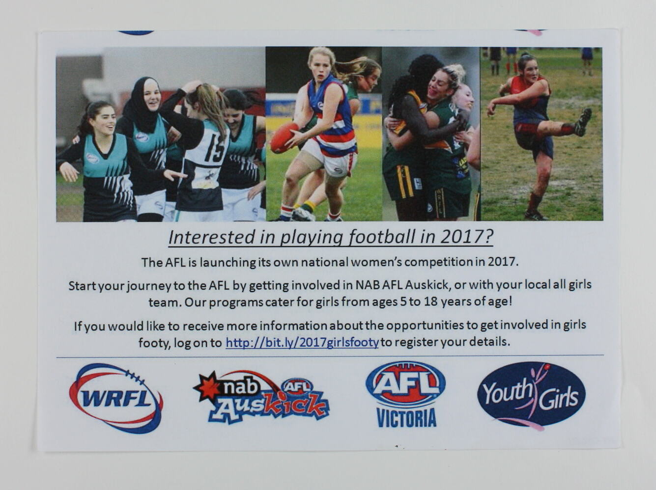Flyer - Girl Player Invitation, NAB AFL Auskick, AFLW, 2017