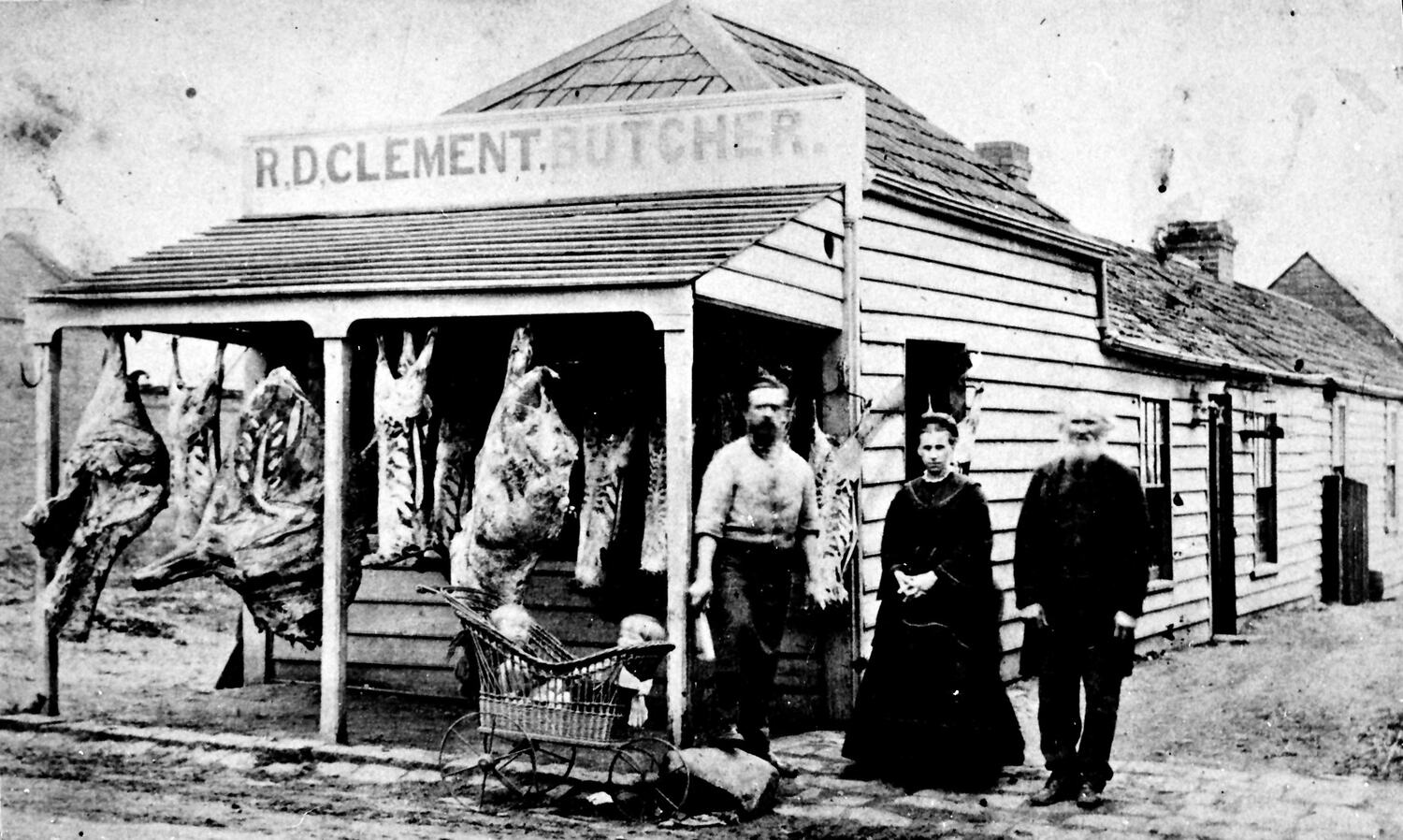 Negative - Butcher & Family in Front of R.D. Clement, Butcher, Geelong ...