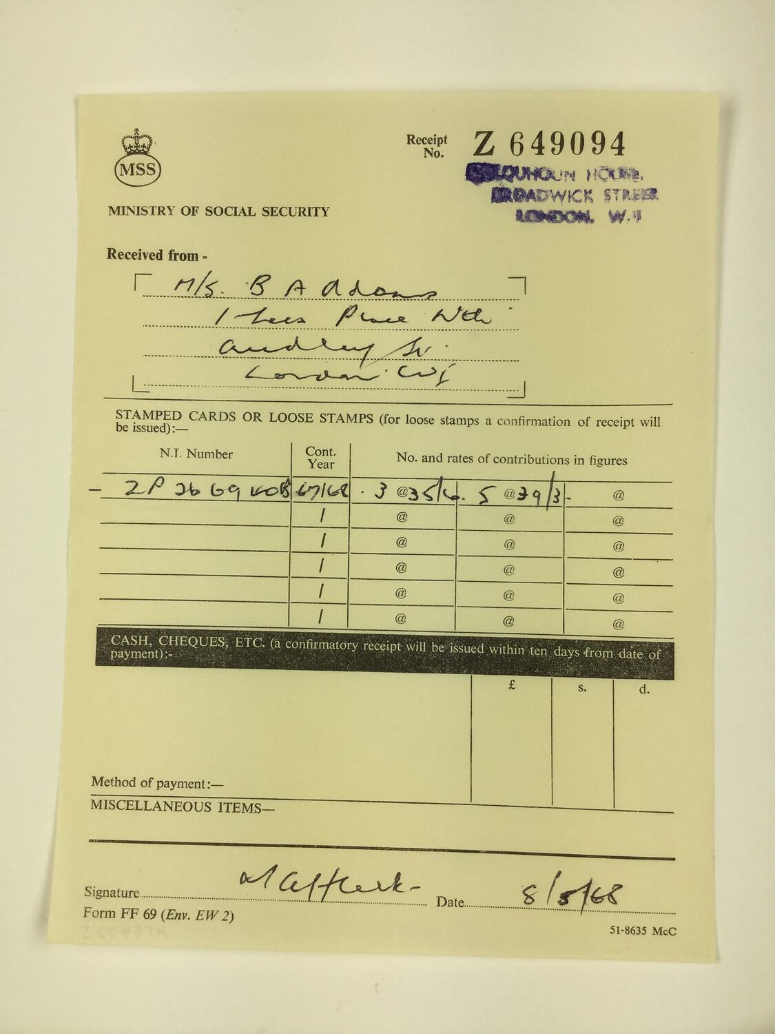 Receipt - Ministry of Social Security, London, England, 8 May 1968