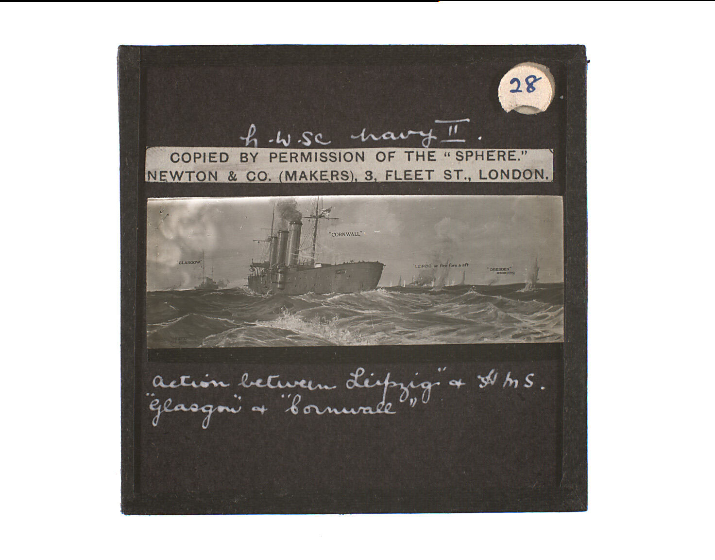 Lantern Slide - Action Between SMS Leipzig & HM Ships Glasgow ...