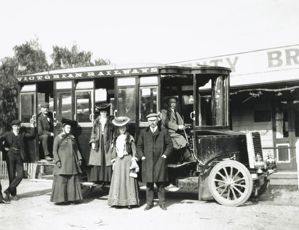 Negative - Group with Victorian Railways No.1 Steam Bus, Plenty Bridge ...