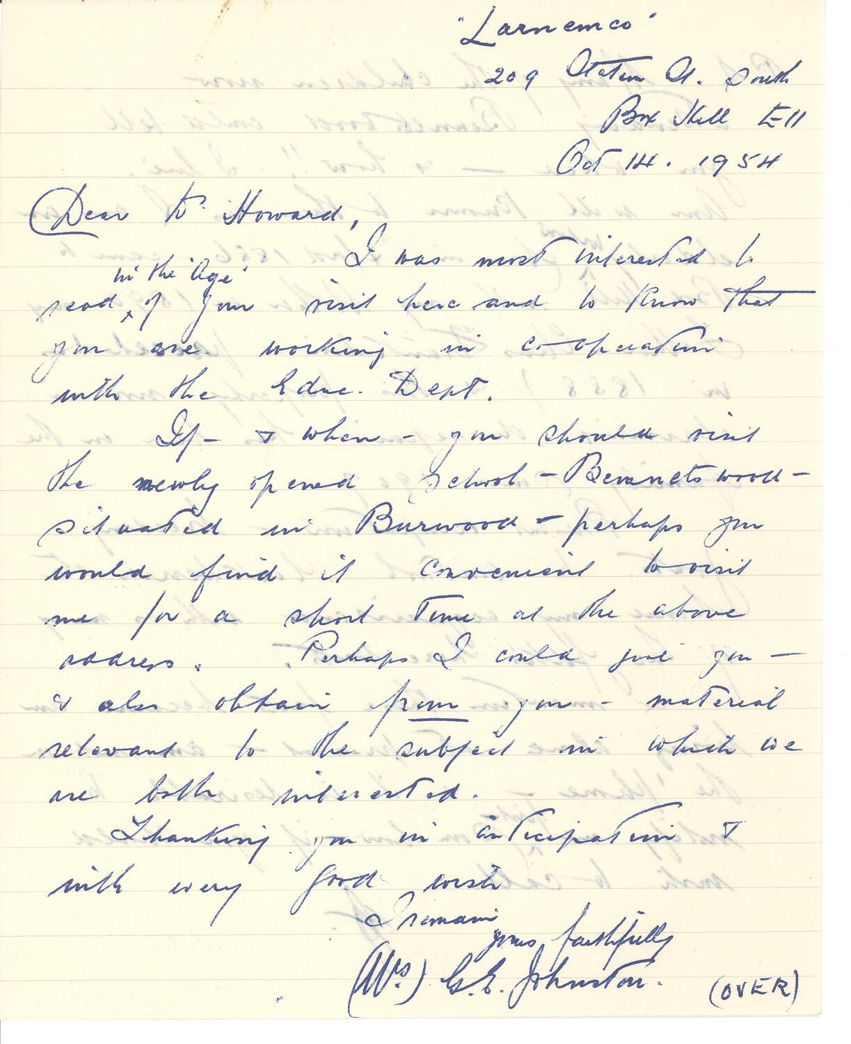 Letter - Gladys E. Johnston, to Dorothy Howard, Invitation to Discuss ...
