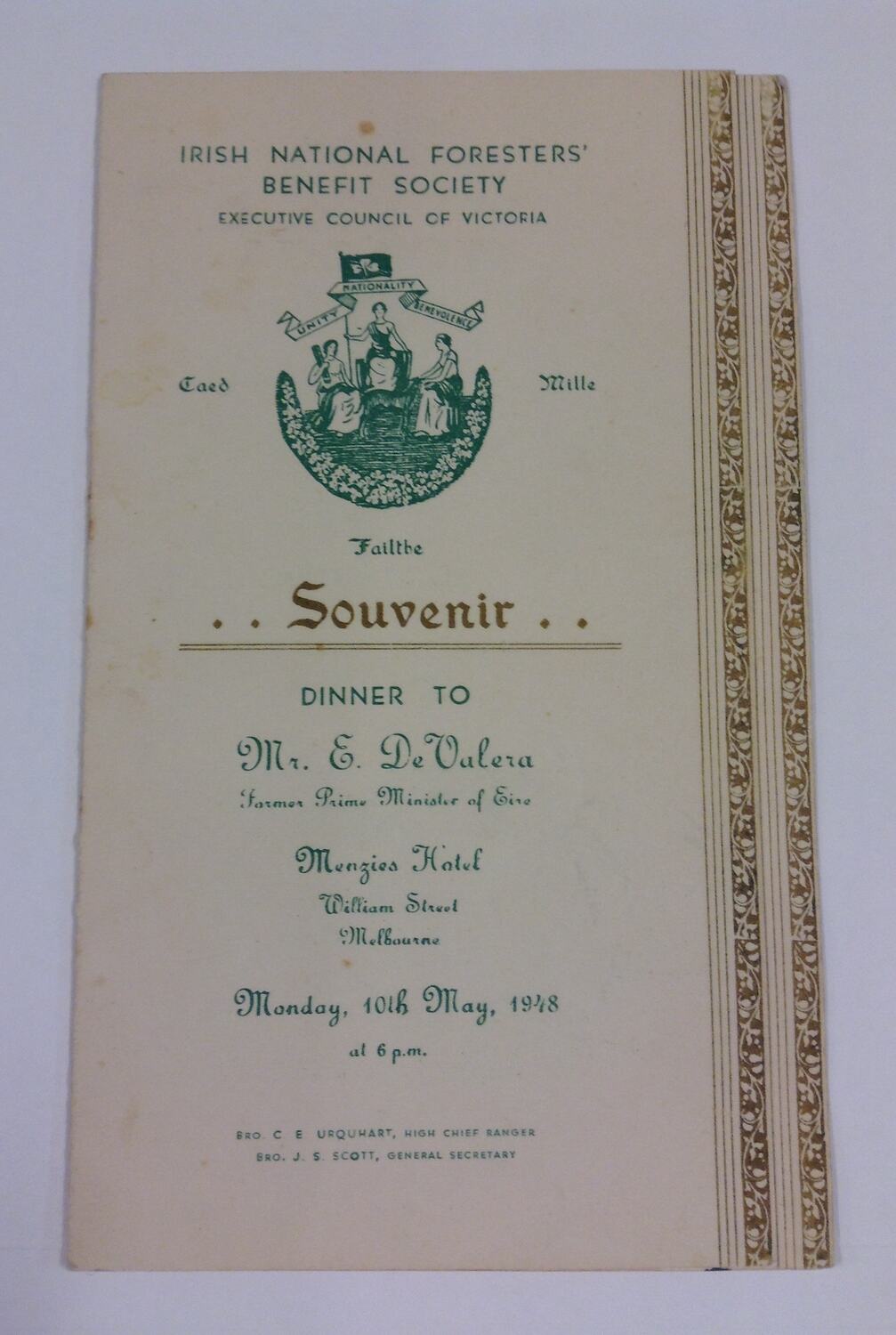 Souvenir Toast List - Irish National Foresters Benefit Society, 1948