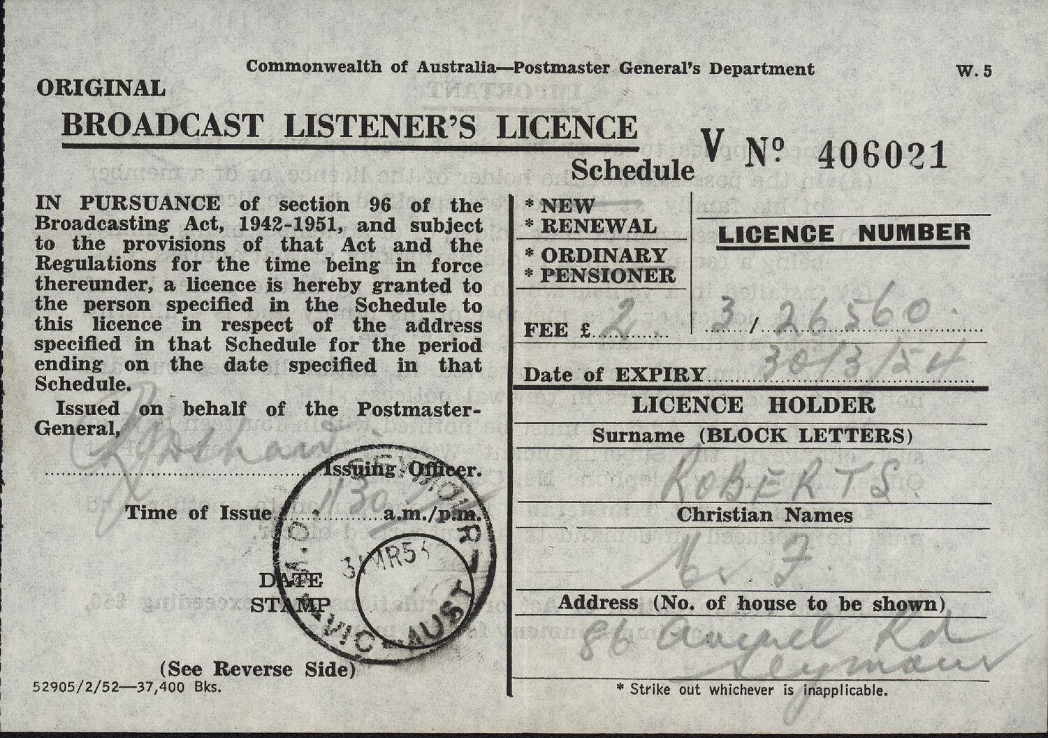 Broadcast Listener's Licence - Frederick & Amelia Roberts, Commonwealth ...
