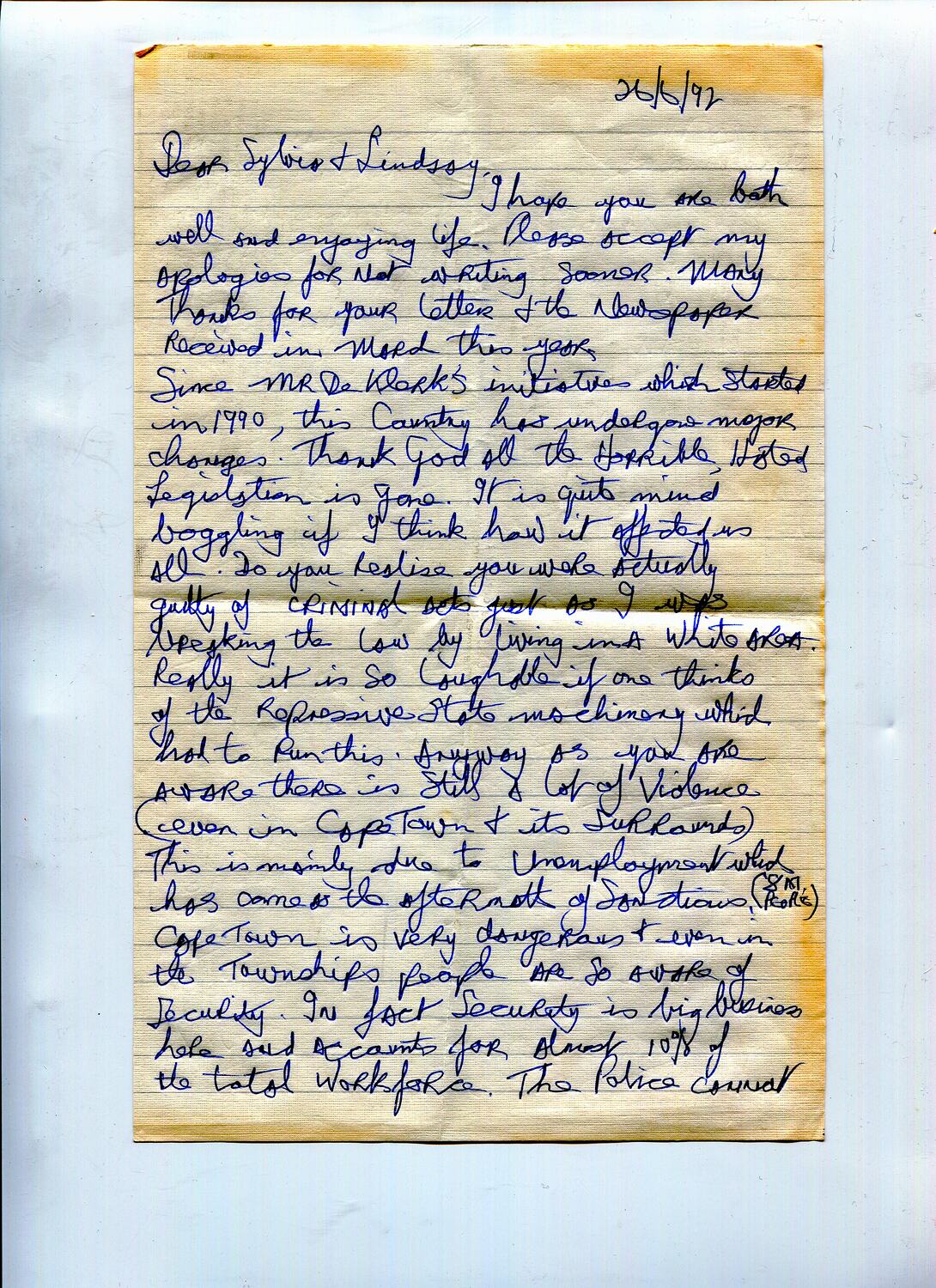 Letter - Lindsay & Sylvia Motherwell, Trevor Pretorius, 16 Jun 1992