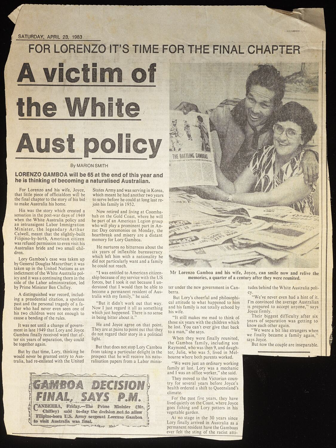 Newsclipping - 'A Victim Of The White Australia Policy', 23 Apr 1983