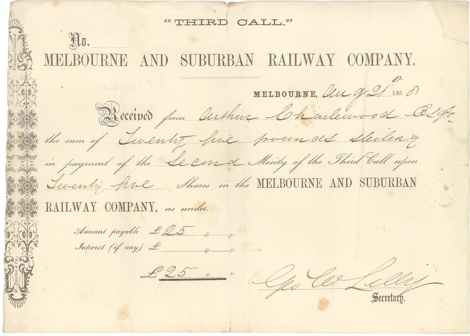 Receipt - Melbourne & Suburban Railway Co, Issued Australia, 1858