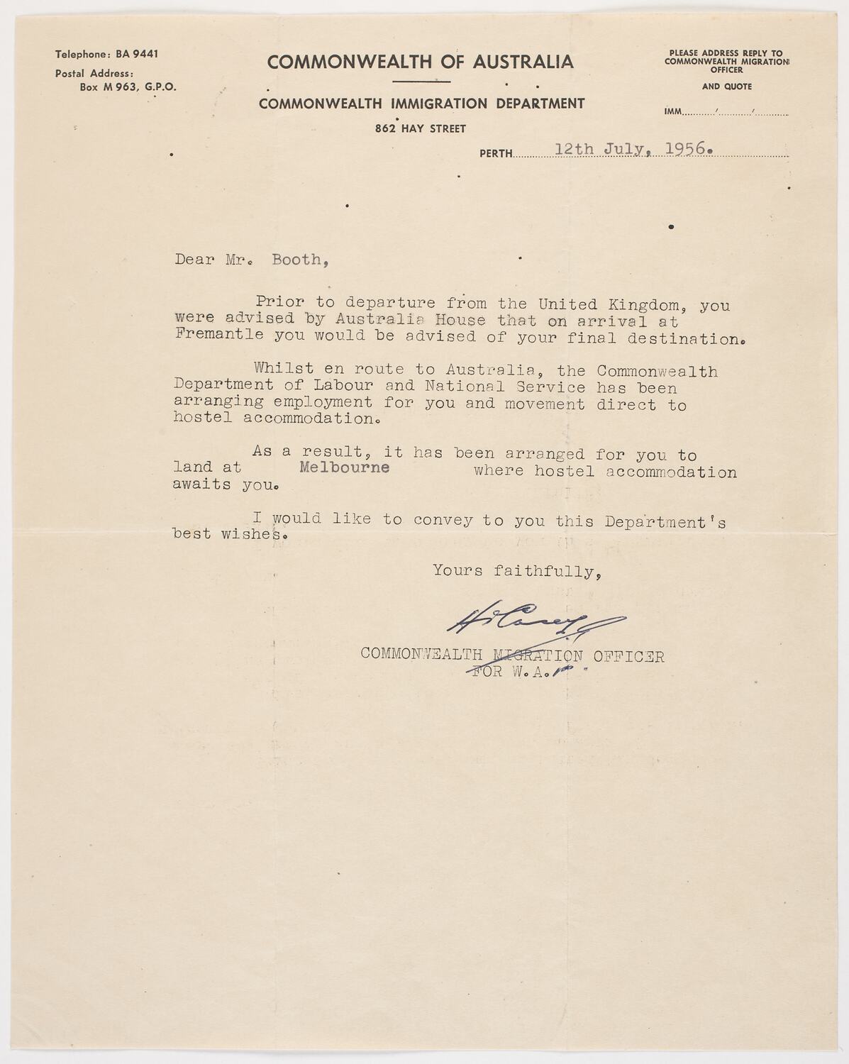 Letter - Notification of Destination in Australia, Commonwealth of ...
