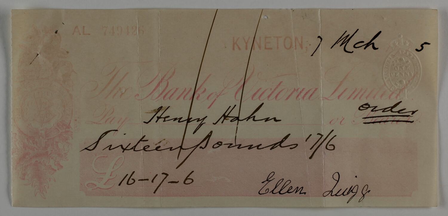 Bank Note - Bank of Victoria Limited, Issued to Henry Hahn, Sixteen ...