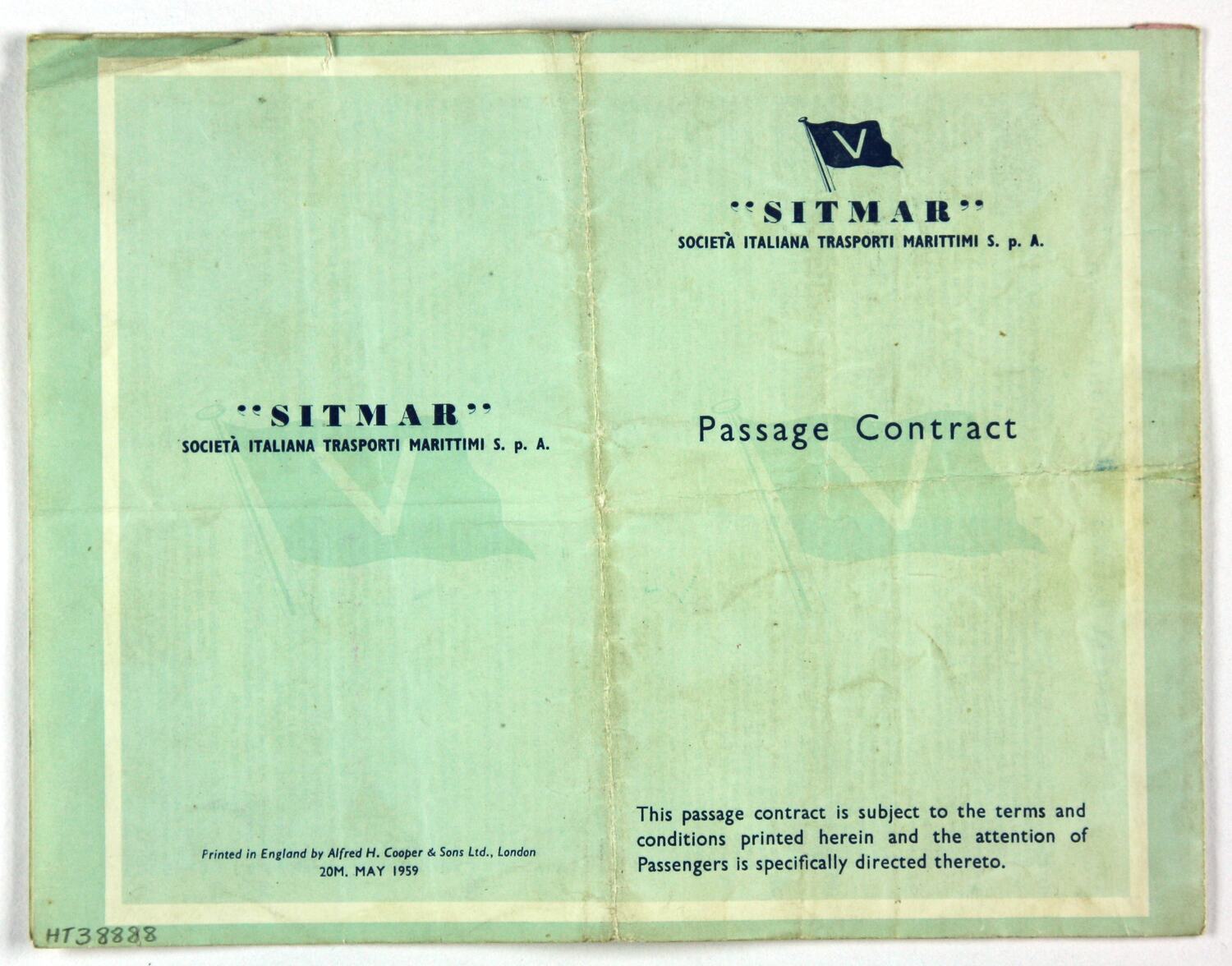 Passage Ticket - Sitmar Line, T.V. Fair Sky, Harry Forbes, Southampton ...