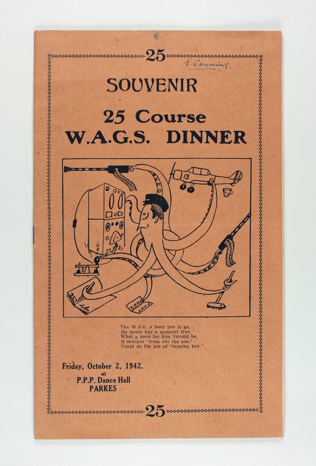 Menu - WAGS Dinner, Parkes, World War II, 2 Oct 1942