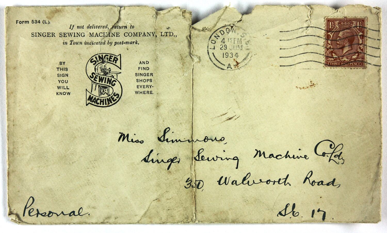 Envelope - Singer Sewing Machine Company, Lucy Hathaway (nee Simmons ...