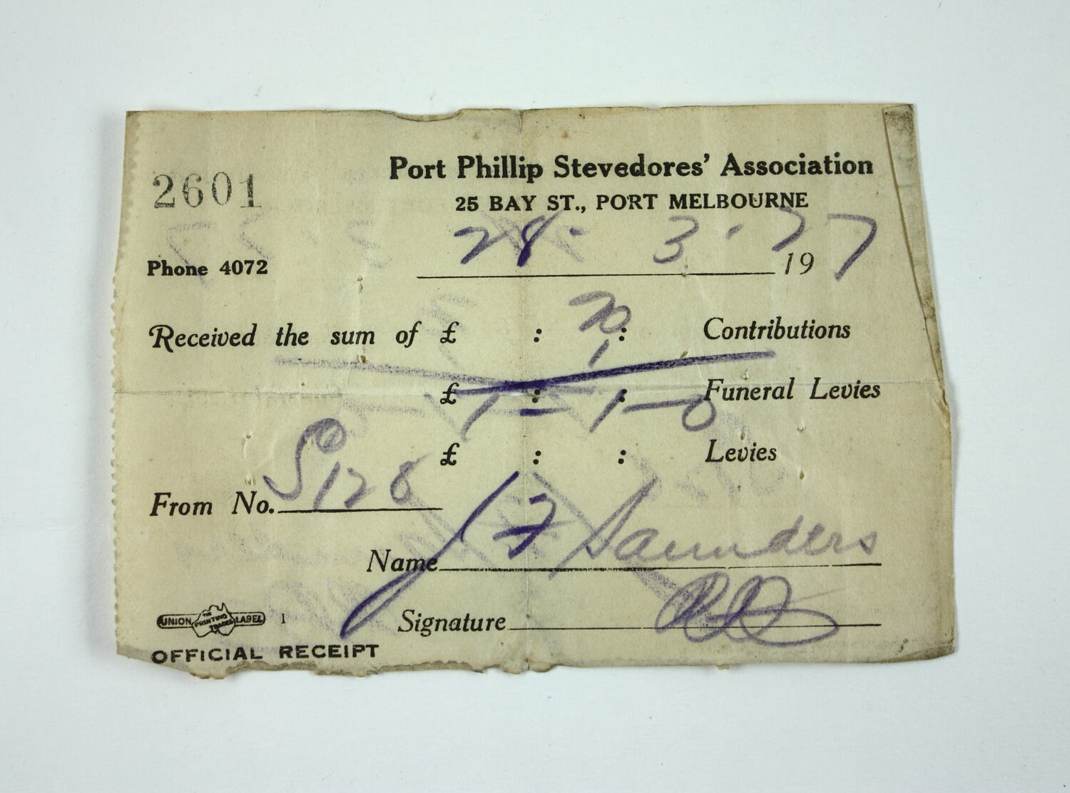 Receipt - Port Phillip Stevedores Association, James Saunders, 1927