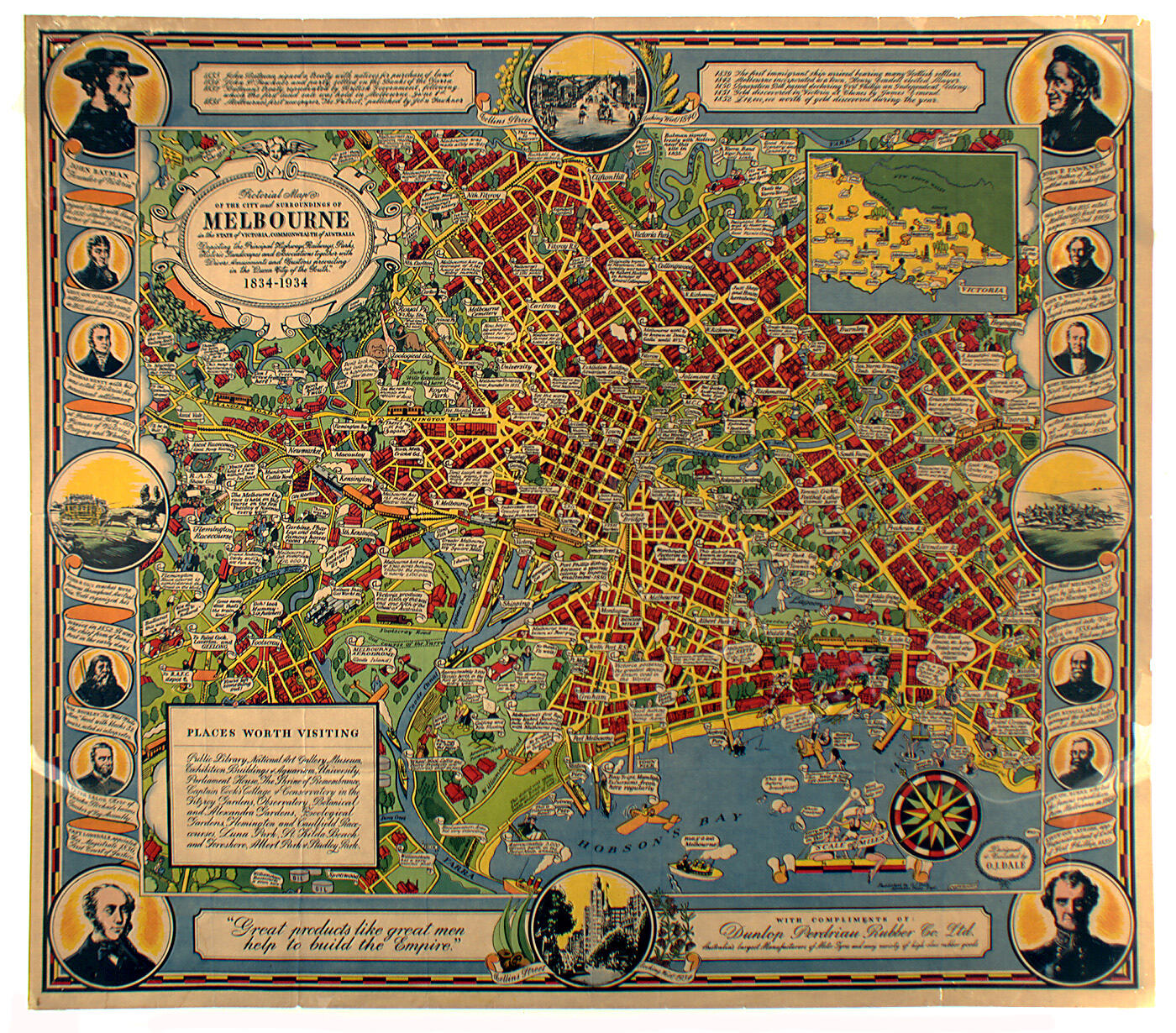 Pictorial Map - Melbourne Centennial, O J Dale, 1934