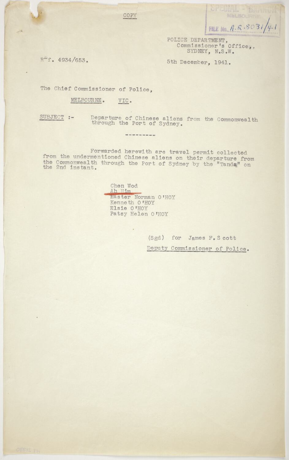 Letter - Police Commissioner's Office Sydney to Chief Commissioner of ...
