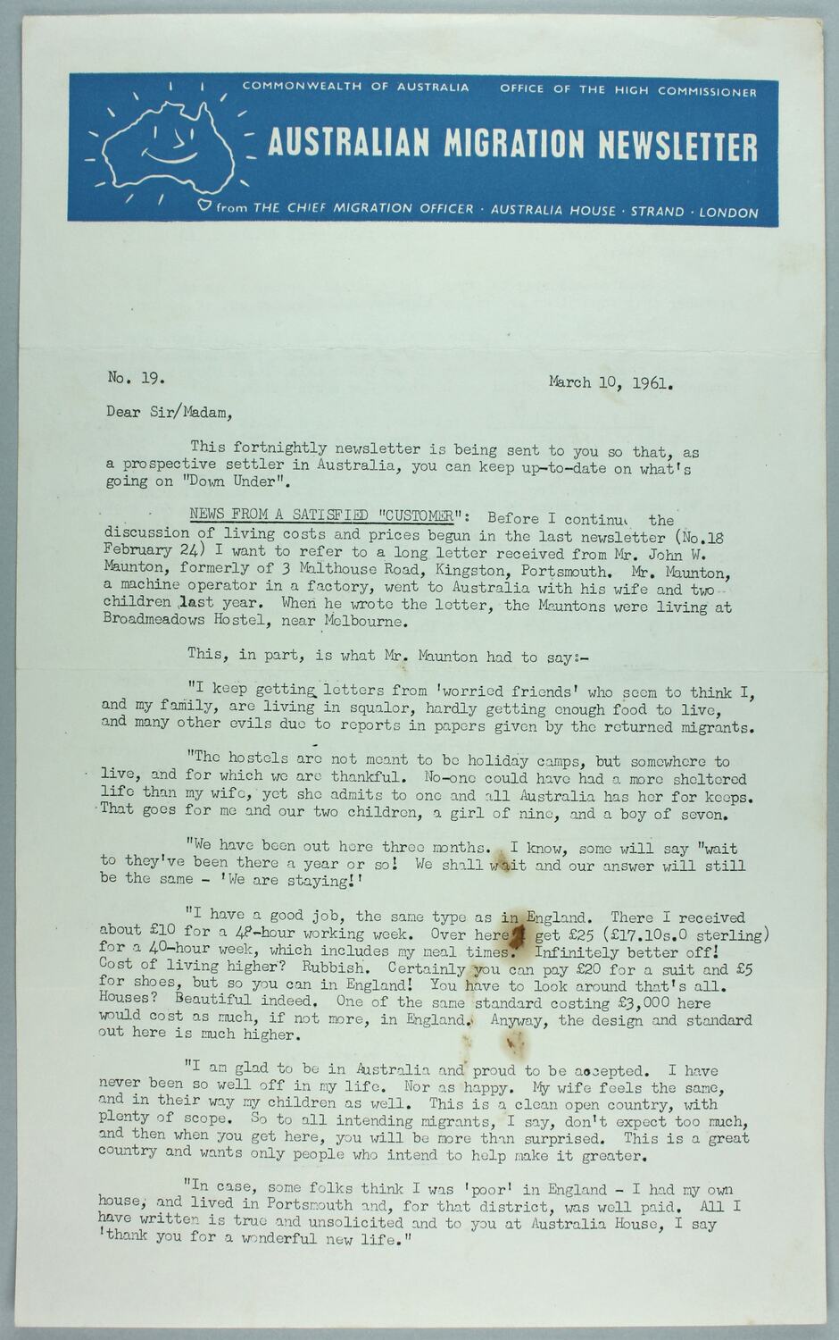 Newsletter - 'Australian Migration Newsletter', 10 Mar 1961