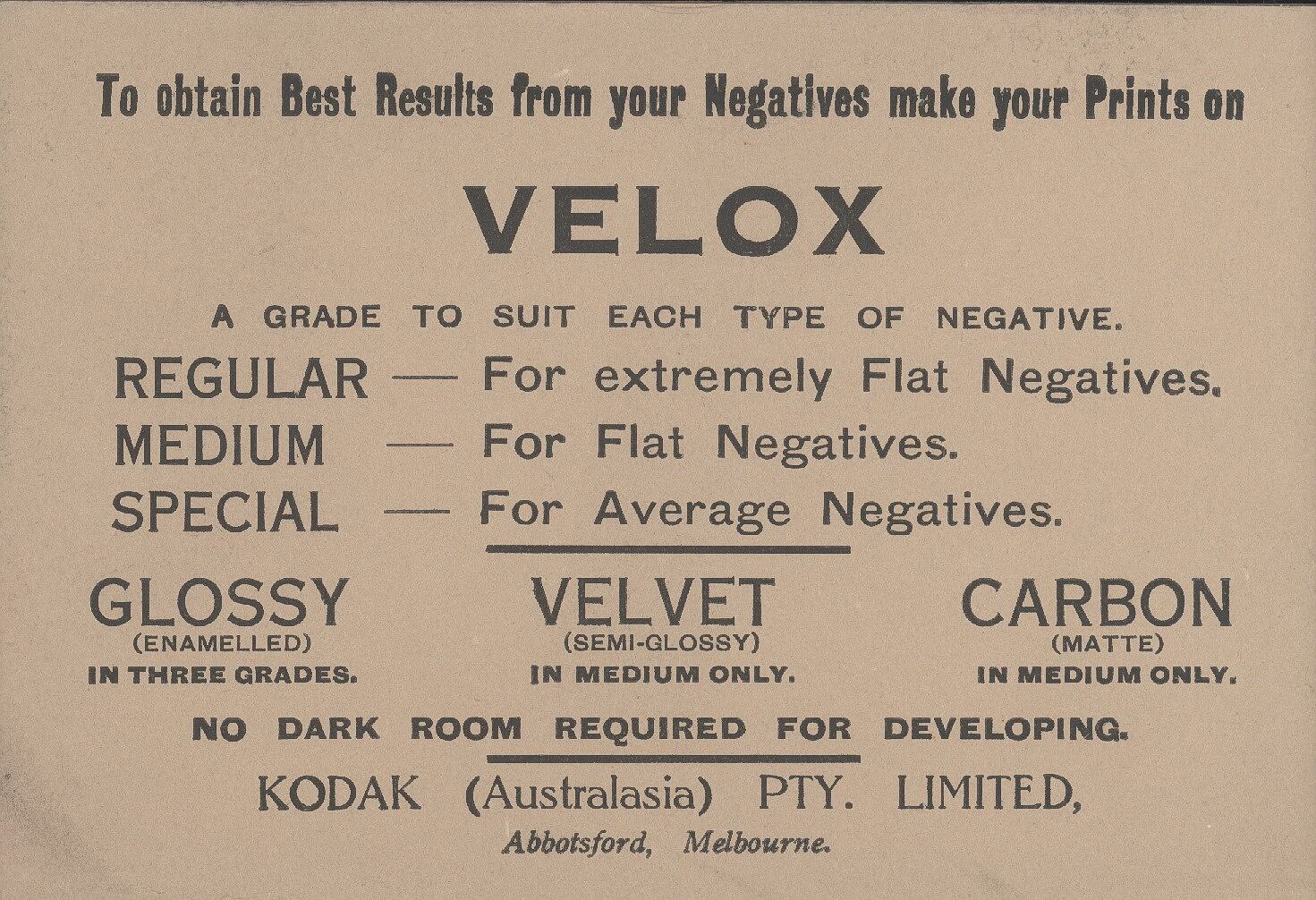 Label - Kodak Australasia Pty Ltd, 'Velox', circa 1927 - circa 1934