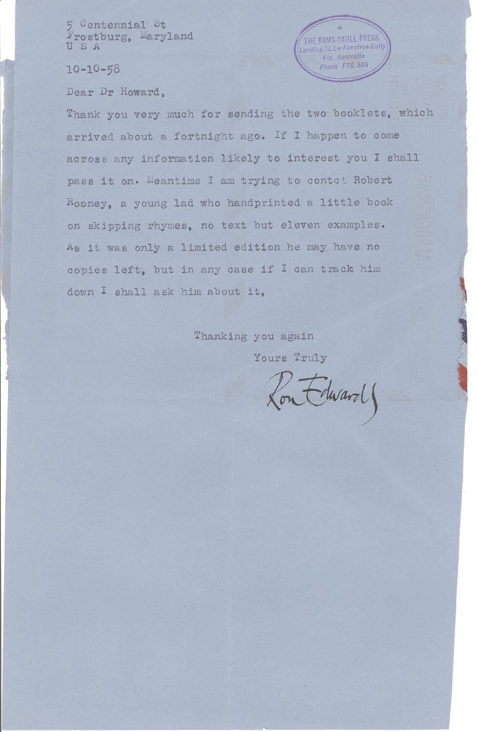 Letter - Ron Edwards, to Dorothy Howard, Receipt of Dr Howard's ...