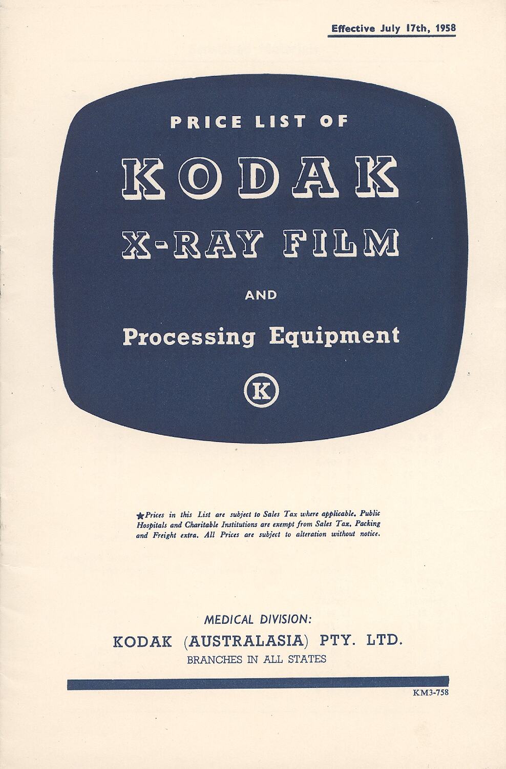 Price List - Kodak (Australasia) Pty Ltd, 'Kodak X-Ray Film ...