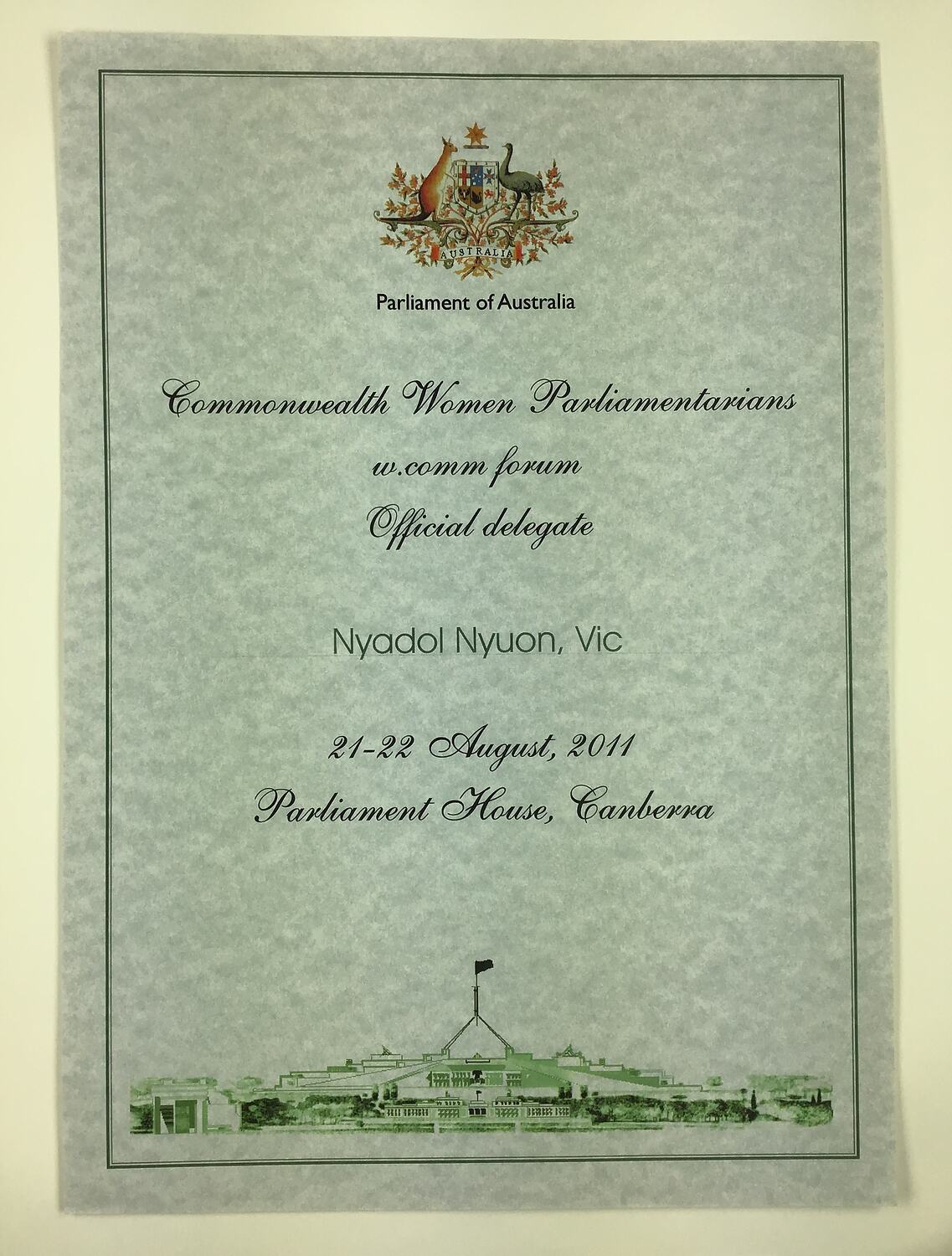 Certificate - Nyadol Nyuon, Delegate, Commonwealth Women ...