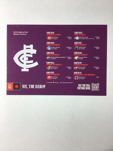 Fixture Card - AFL Women's (AFLW) Competition Carlton Team, Princes ...