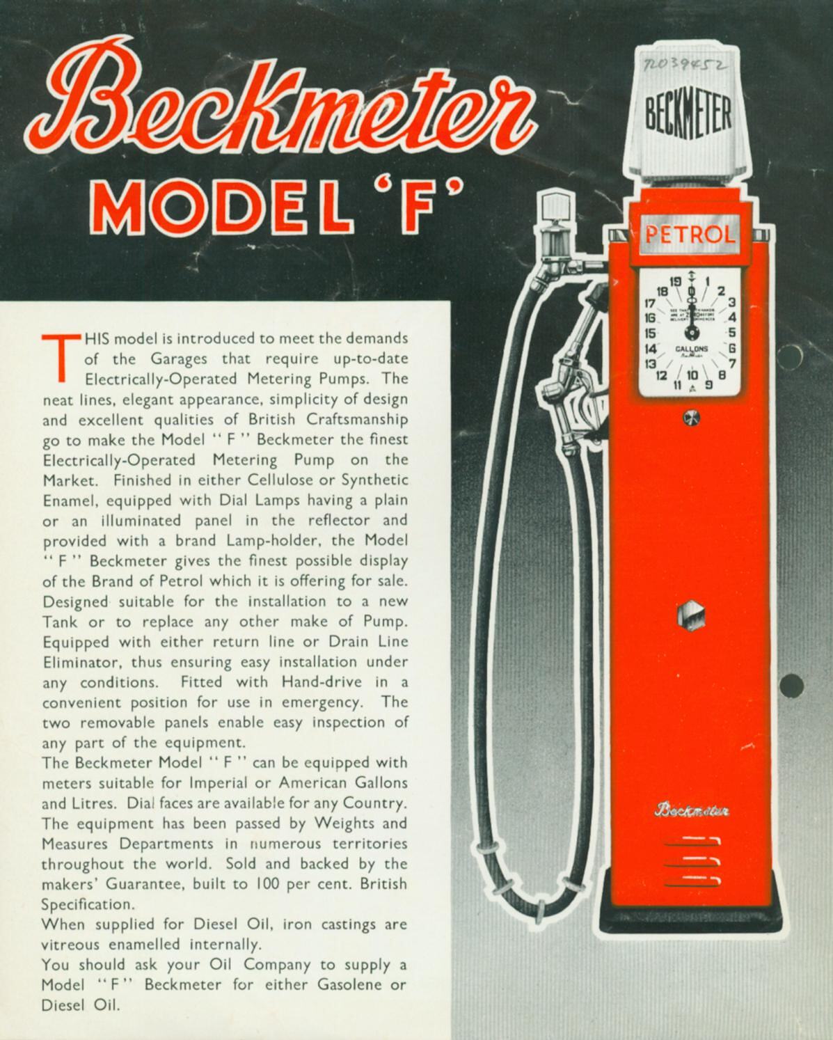 Publicity Brochure - Beck & Co., 'Beckmeter' Model F Fuel Pumps, circa 1935