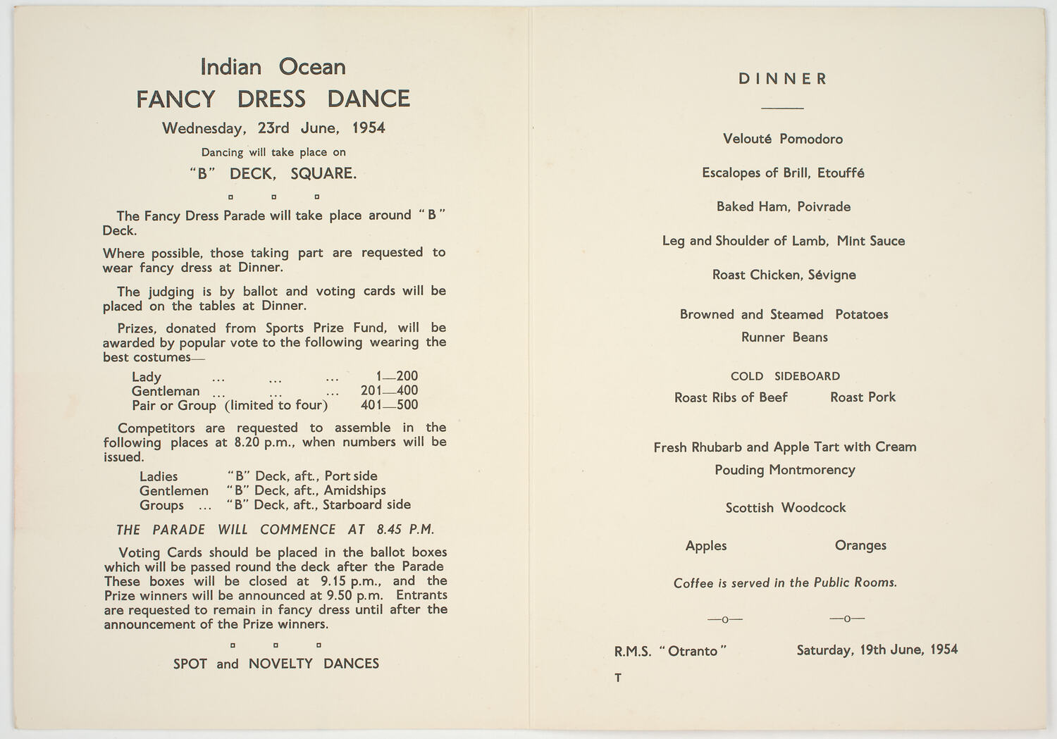 Menu - RMS Otranto, Orient Line, Dinner, The Royal Scepter, 19 Jun 1954