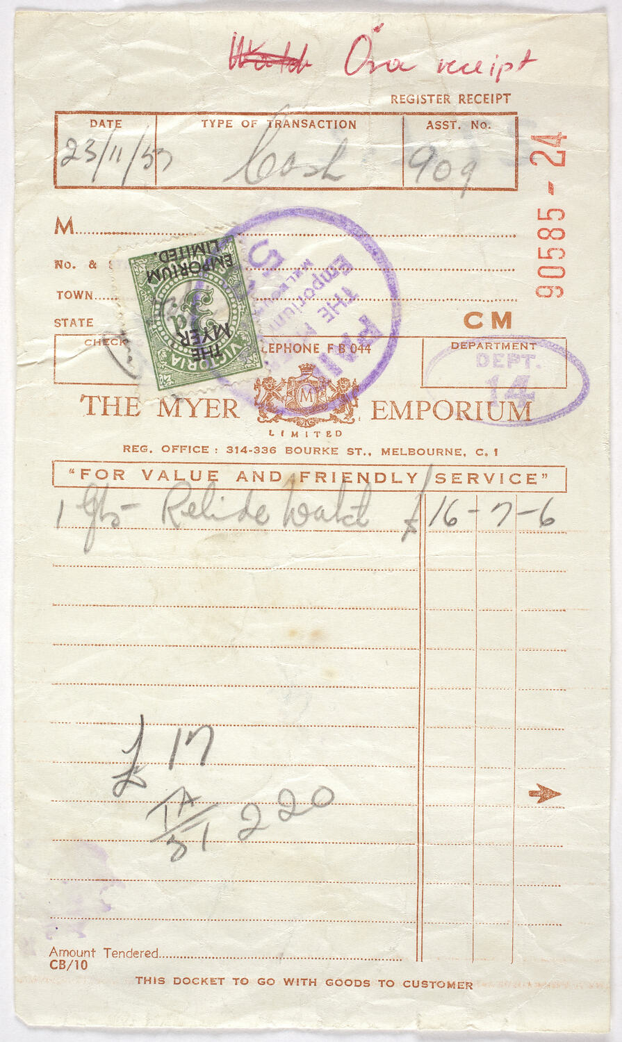 Receipt - Issued to G Toth, Myer Emporium, 23 Nov 1957