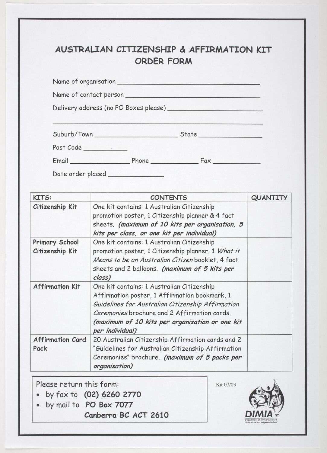 Order Form - Information Pack, Australian Citizenship, Department of ...