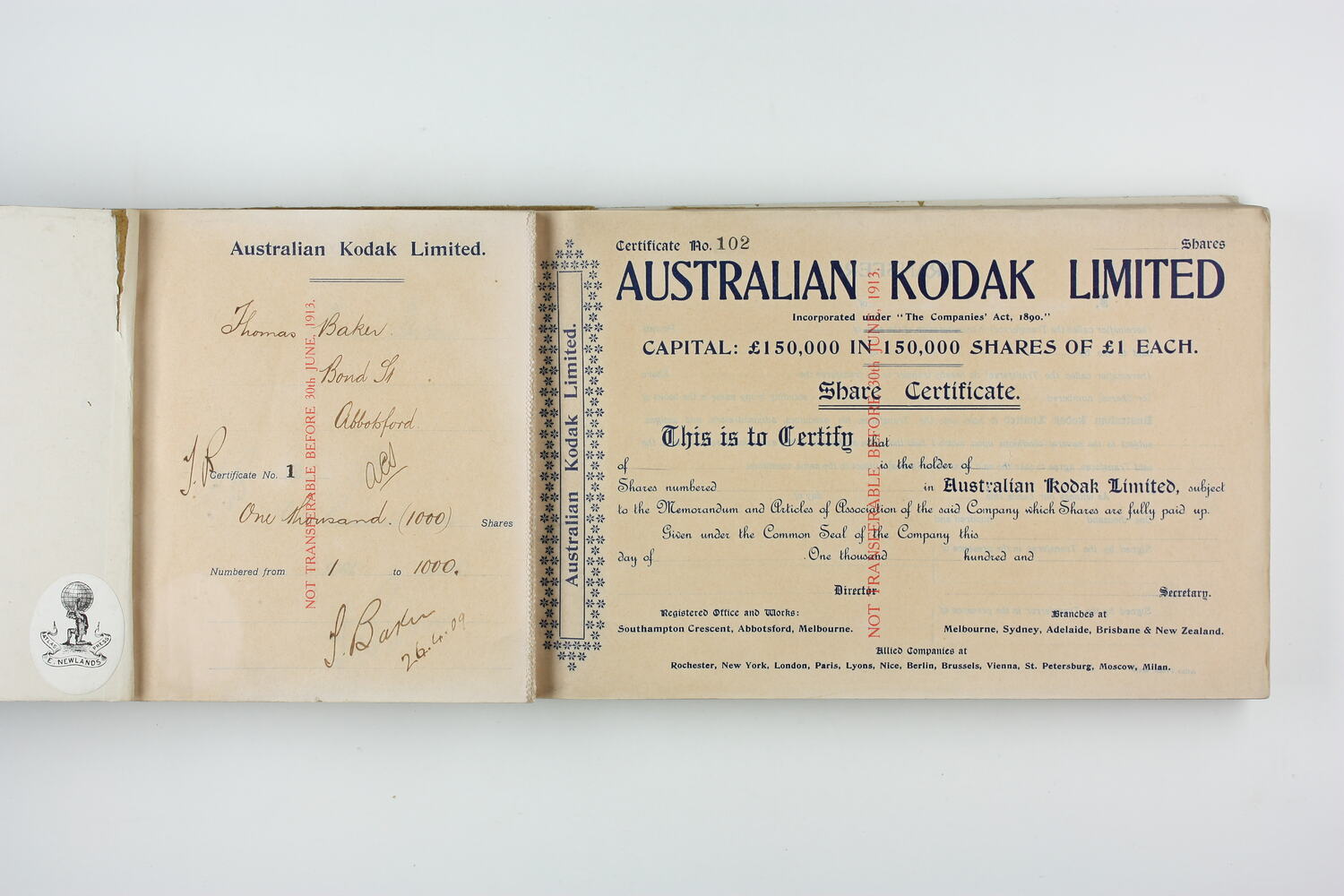 Share Certificate Book - Kodak Archive, Series 7, 'Shares ...