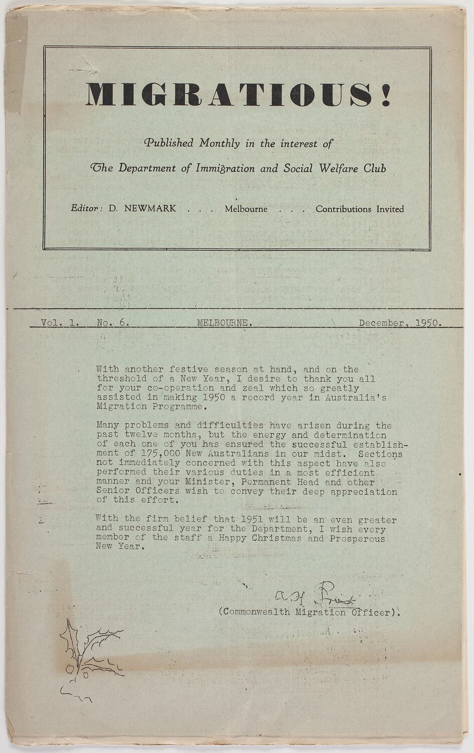 Newsletter - Migratious, Vol 1, No 6, Dec 1950