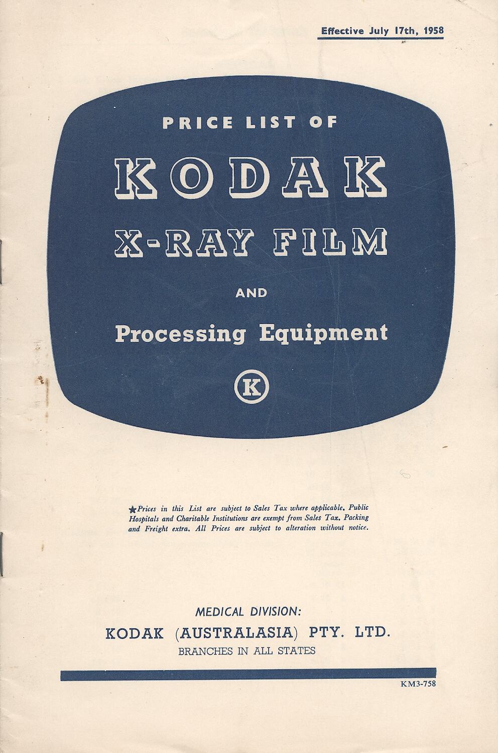 Price List - Kodak (Australasia) Pty Ltd, 'Kodak X-Ray Film ...