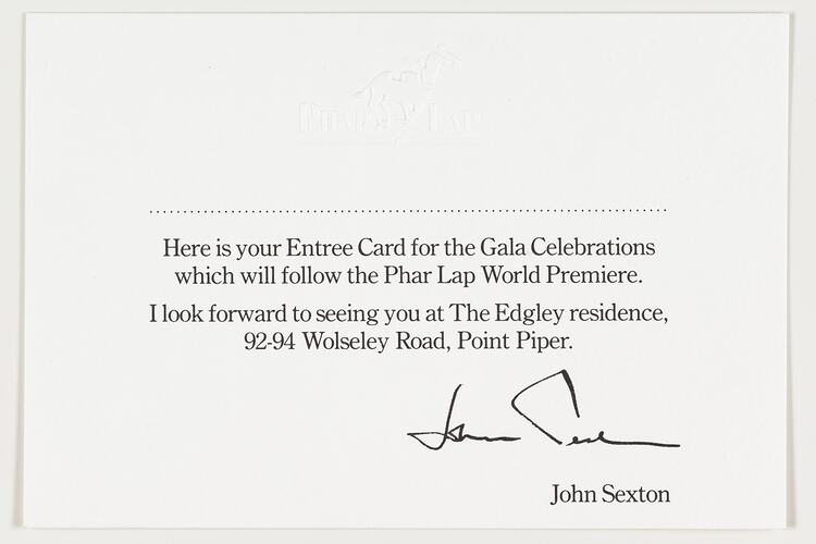 Entree Card - Edgley Ventures, Phar Lap Motion Picture Premiere Party, 1983