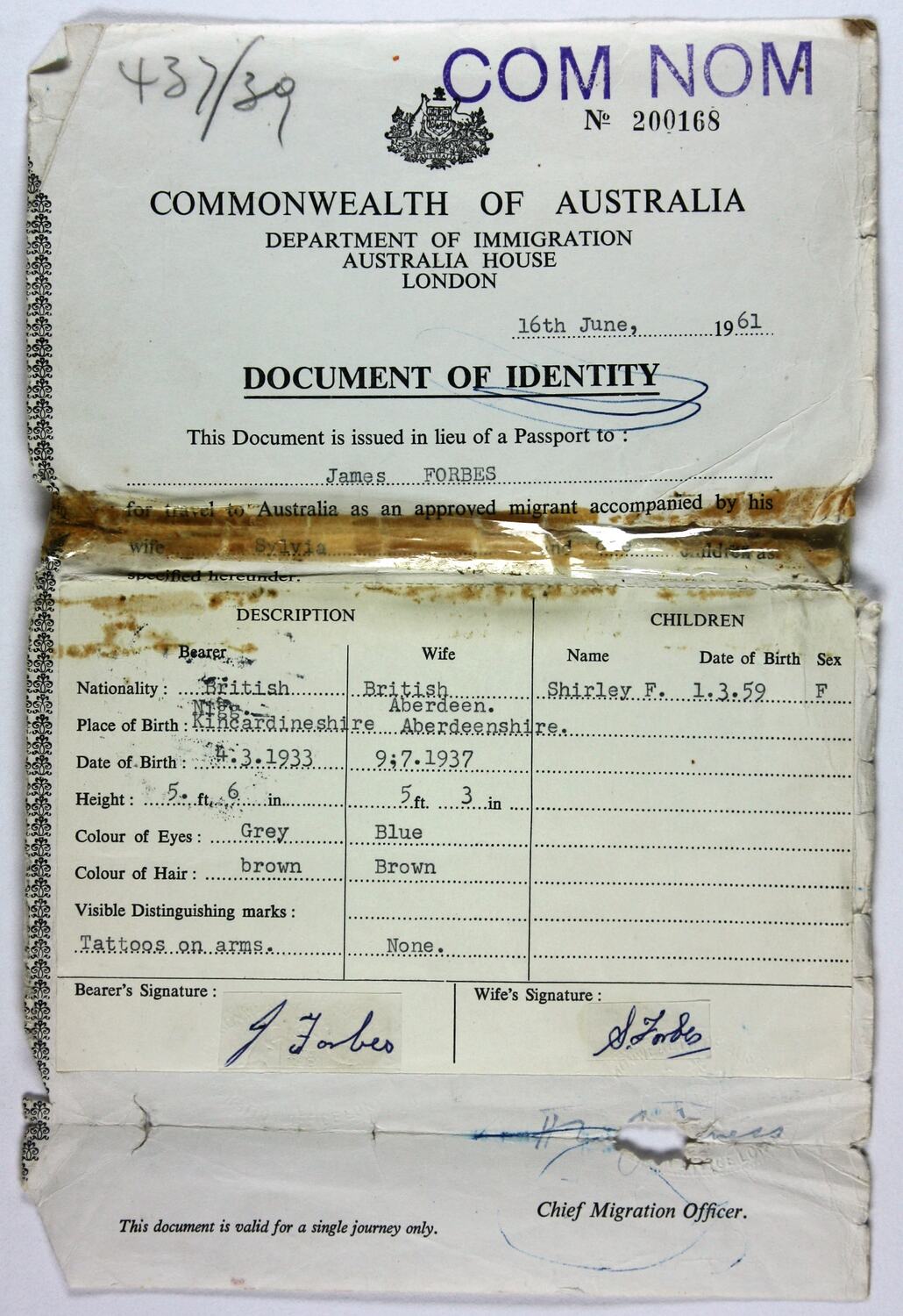 Identity Document - James Forbes, Department of Immigration ...