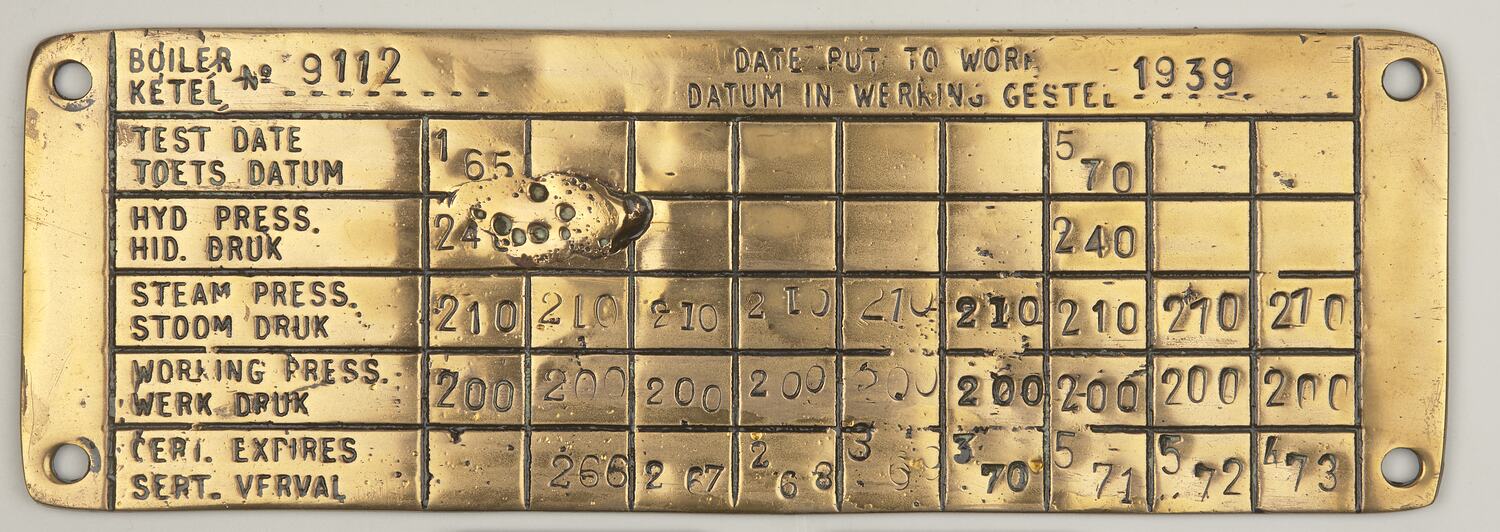 Locomotive Boiler Plate - South African Railways, 1939