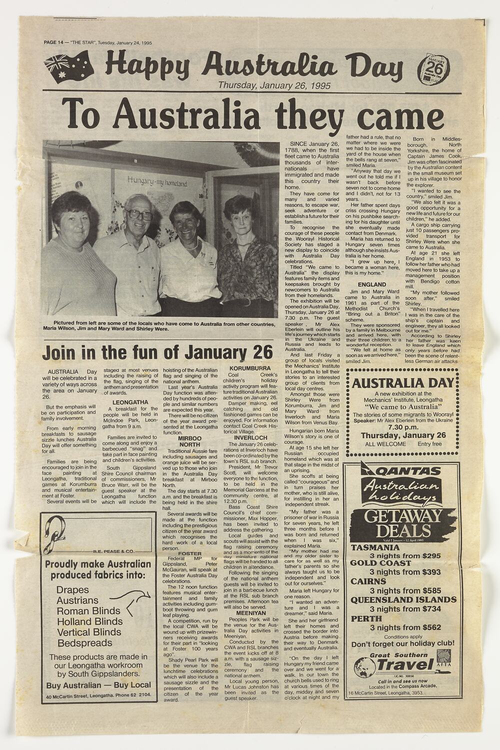 Newspaper Cutting - 'To Australia They Came', The Star, 24 Jan ...
