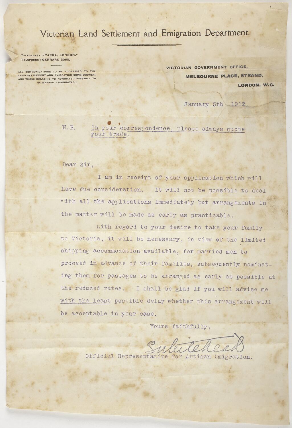 Letter - S. Whitehead to George White, Receipt of Assisted Passage ...