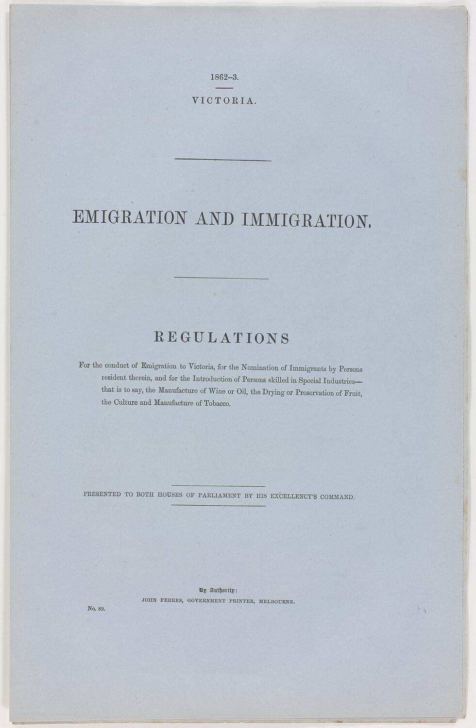 Parliamentary Paper - Emigration and Immigration, Parliament of ...