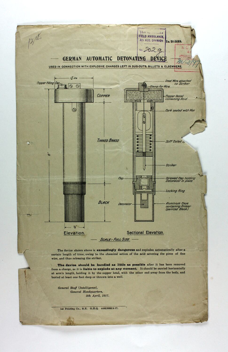 Document - 'German Automatic Detonating Device', 13th Australian Field ...