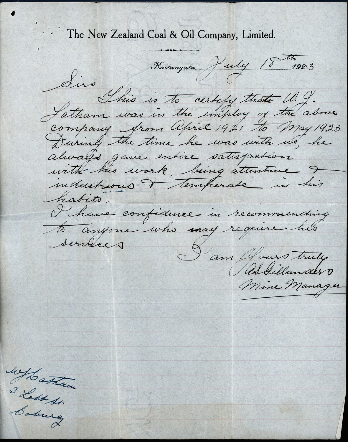 Letter - Character Reference, William James Latham, 18 Jul 1923