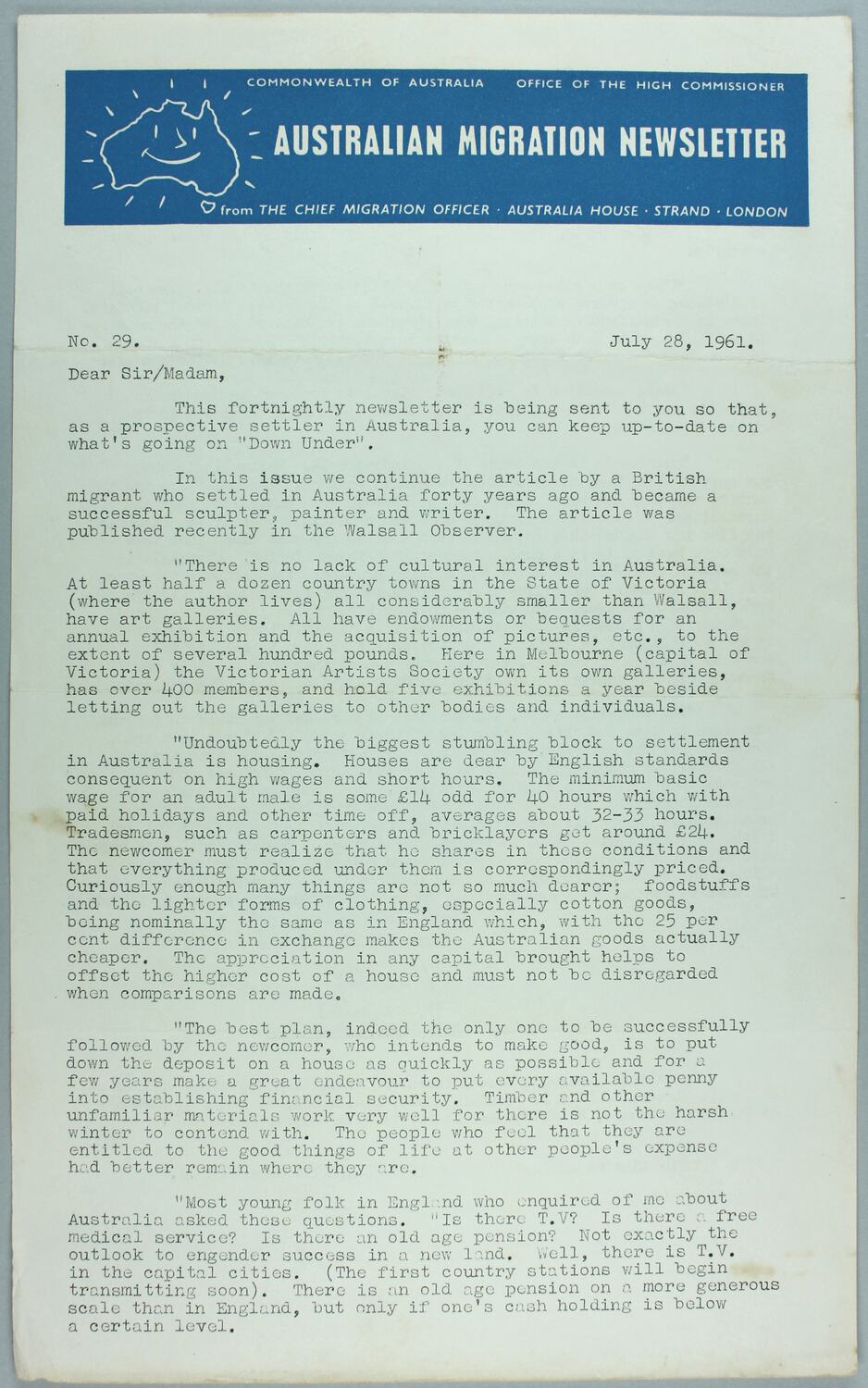 Newsletter - 'Australian Migration Newsletter', 28 Jul 1961