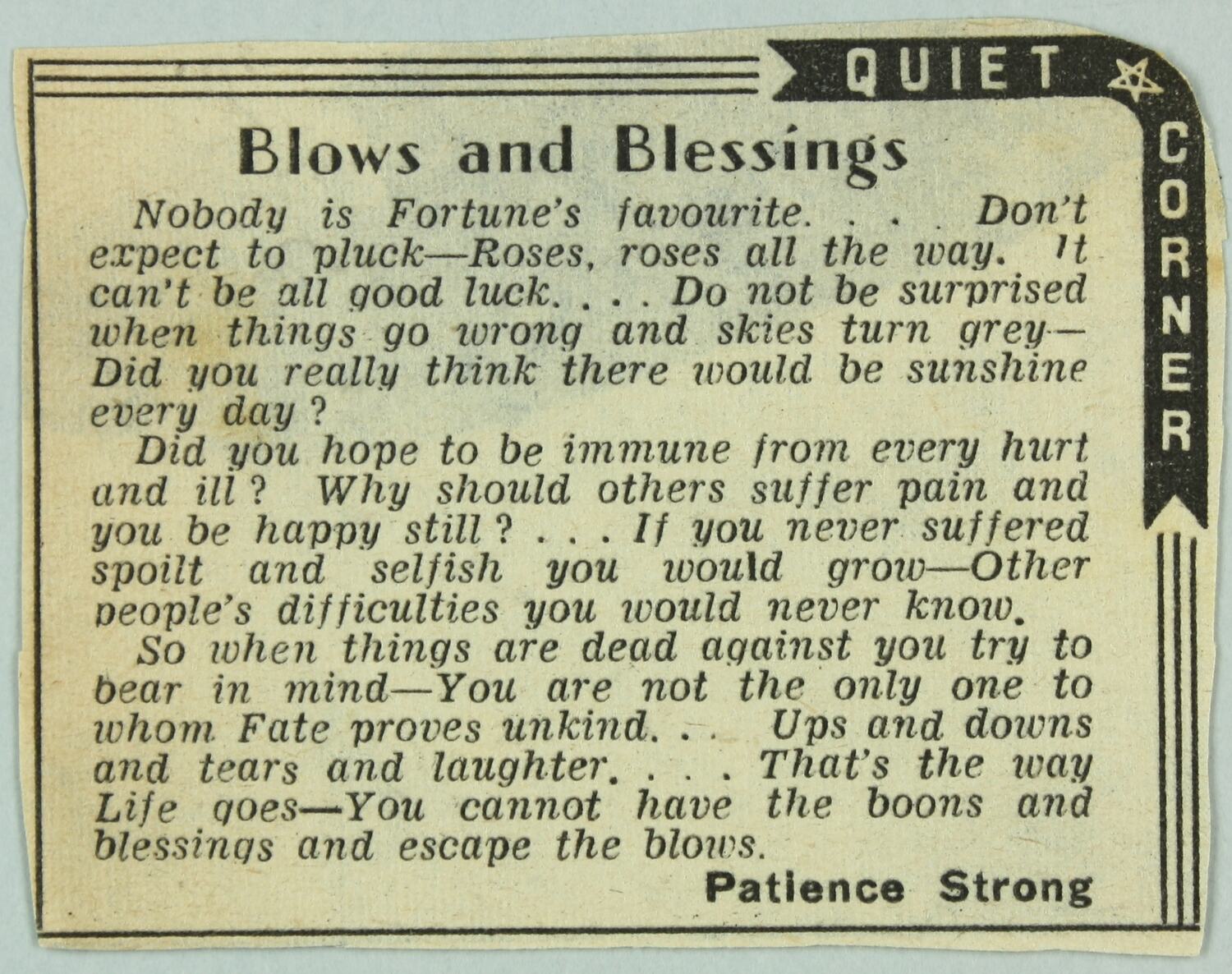 Newspaper Clipping - Patience Strong, 'Quiet Corner', circa 1940s-1950s