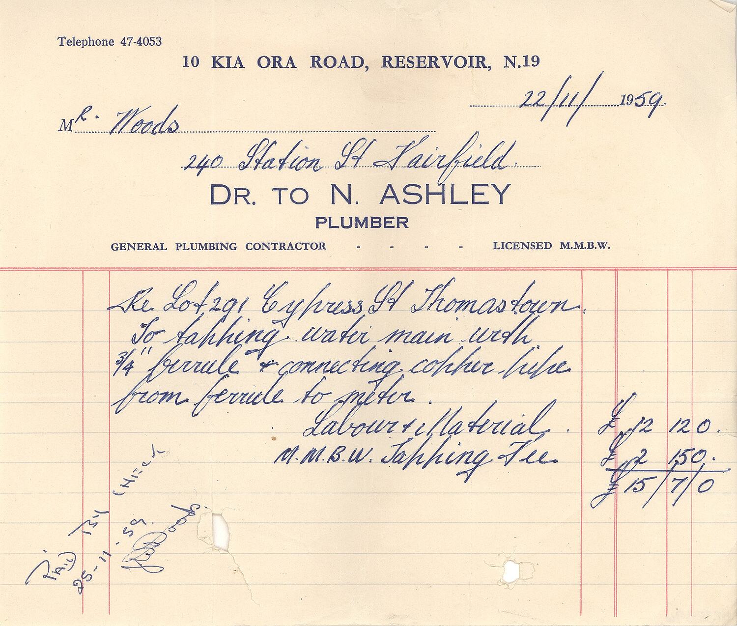 Receipt - N.Ashley Plumber, John Woods, Fairfield, 22 Nov 1959