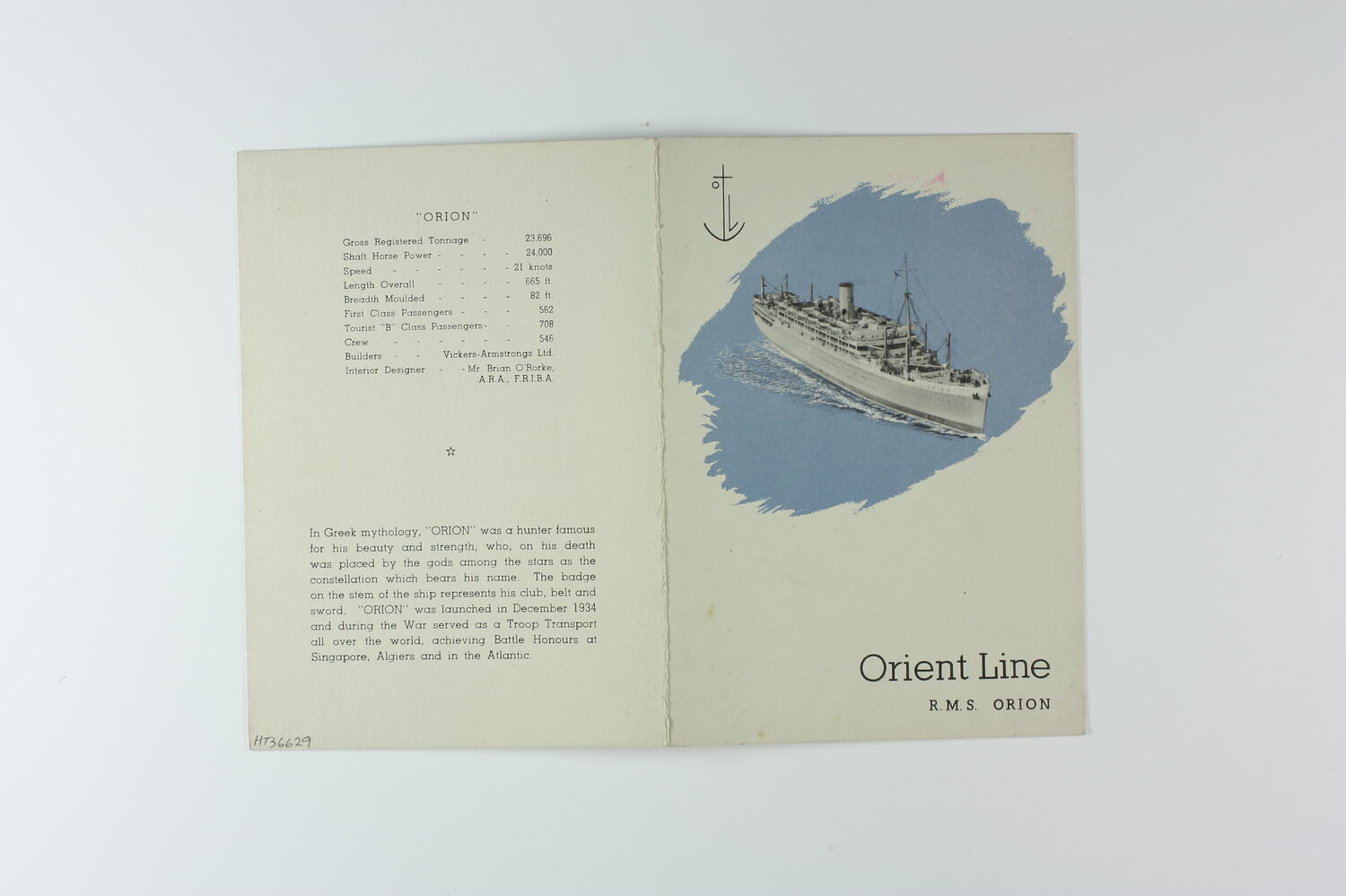 Menu - Dinner, R.M.S. Orion, 21 Jan 1956