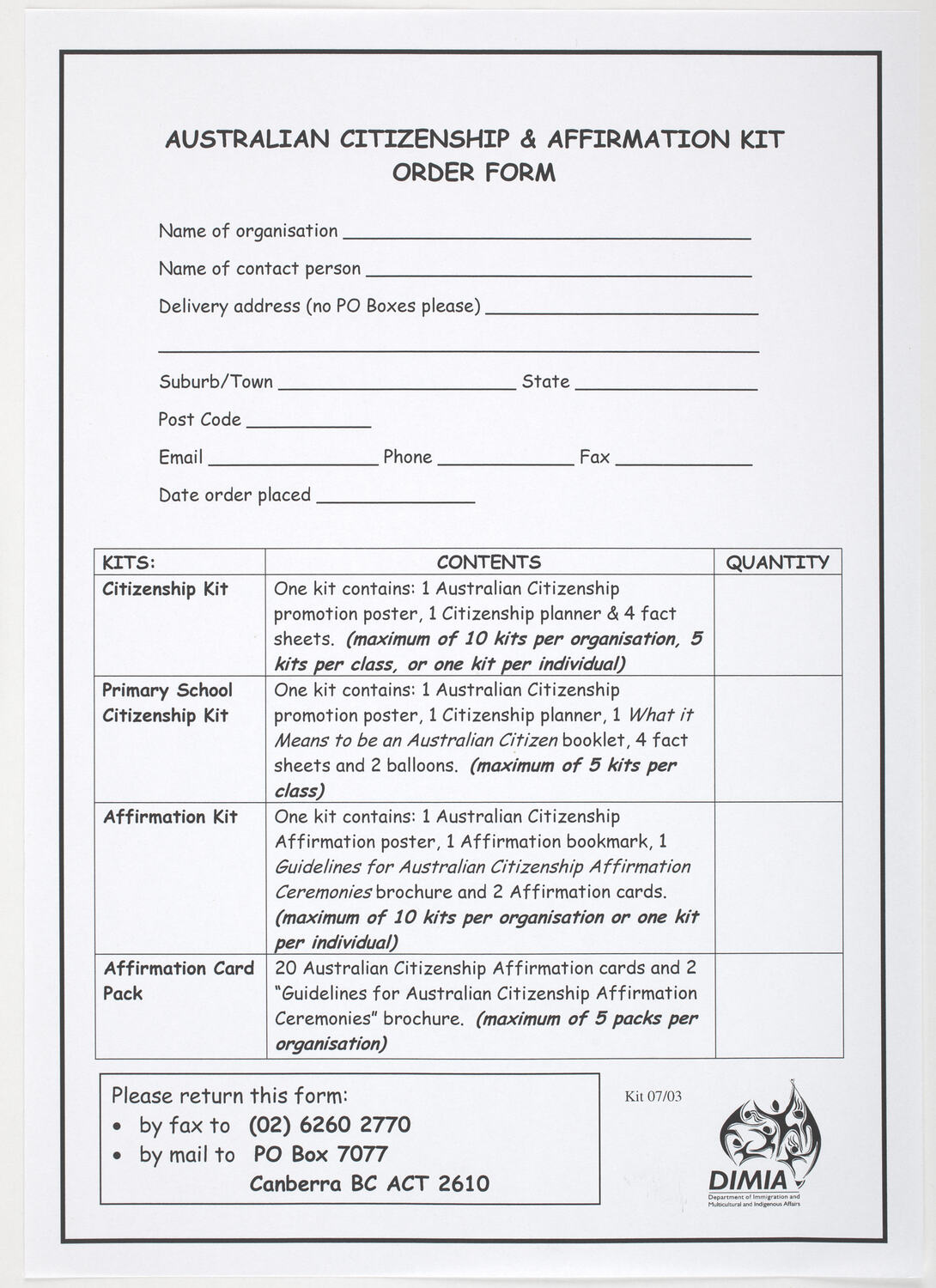Order Form - Information Pack, Australian Citizenship, Department of ...